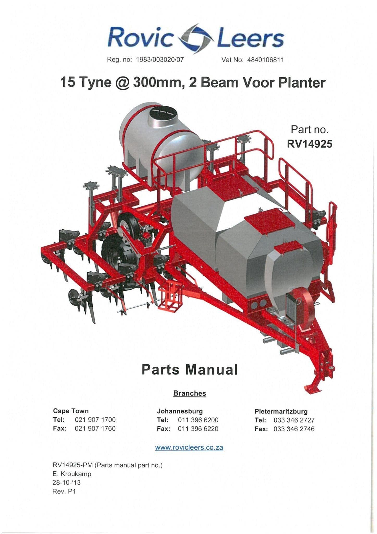 Rovic Leers Seed Drill 2 Beam Voor Planter 15 Tyne 300mm Parts Manual