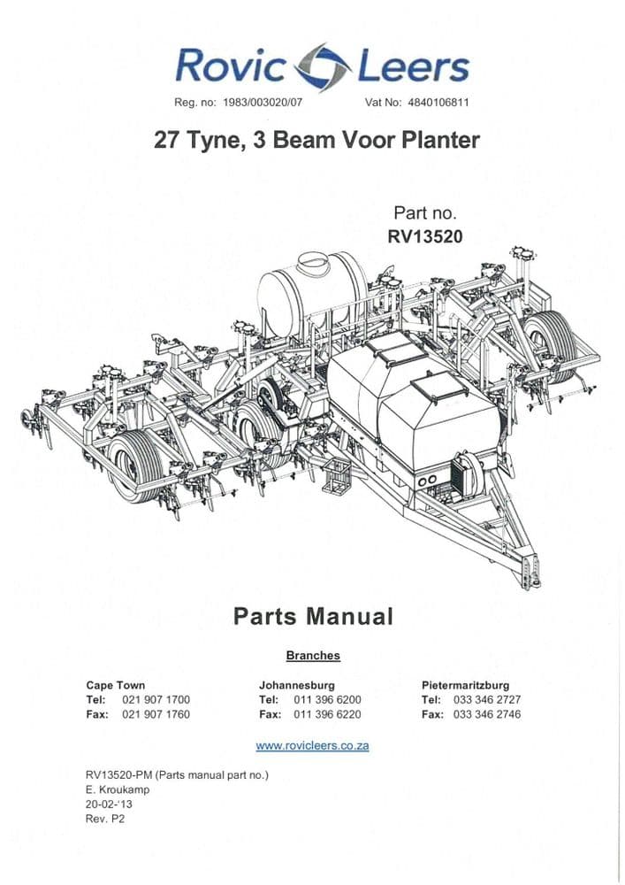 Rovic Leers Seed Drill 27 Tyne 3 Beam Voor Planter Parts Manual