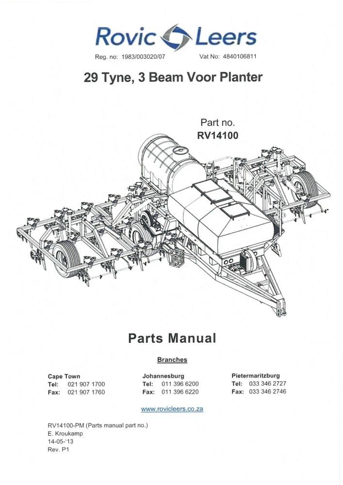 Rovic Leers Seed Drill 29 Tyne 3 Beam Voor Planter Parts Manual