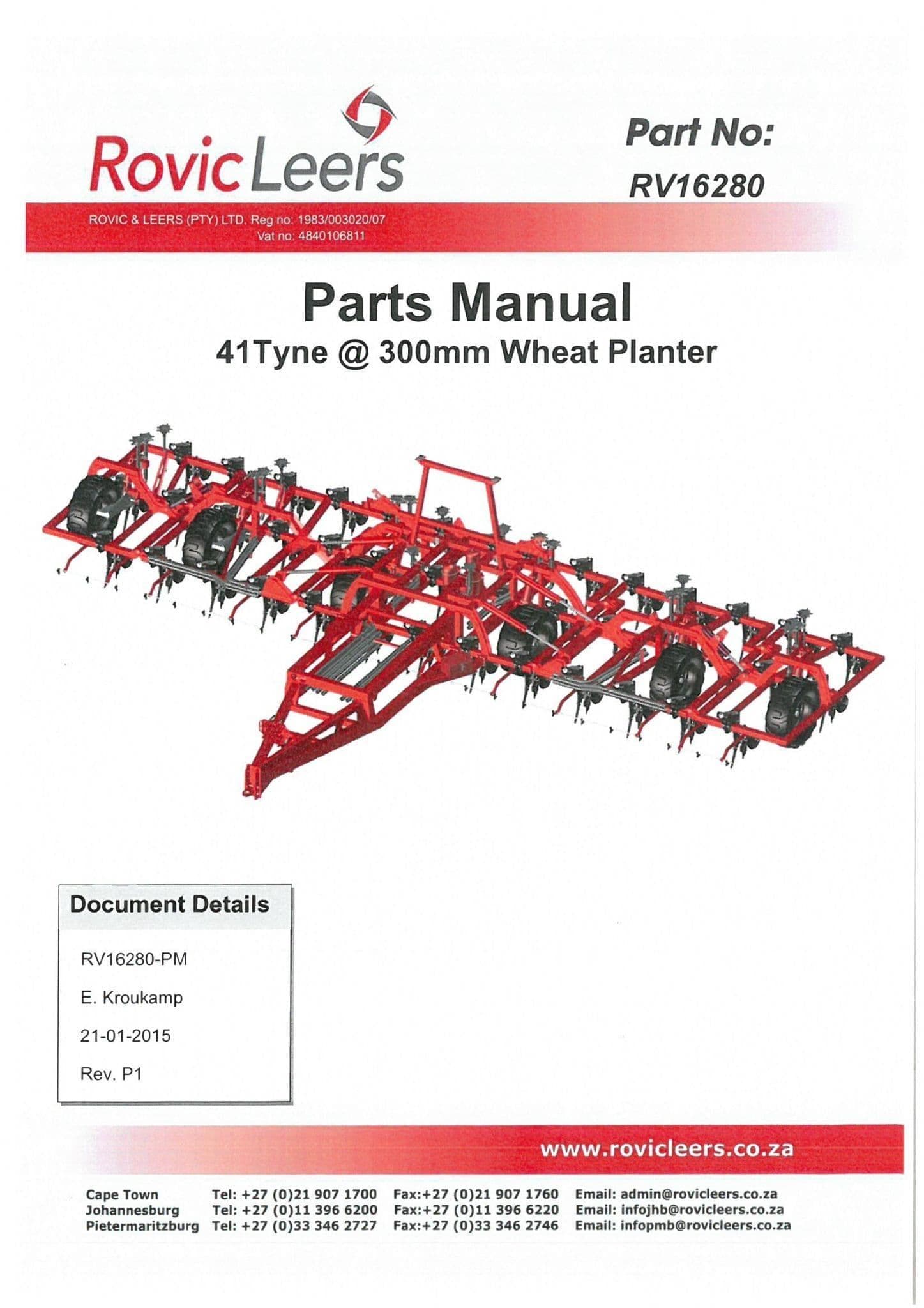 Rovic Leers Seed Drill 41 Tyne 300mm Wheat Planter Parts Manual