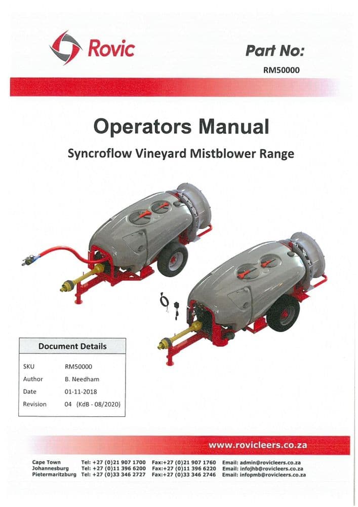 Rovic Leers Syncroflow Vineyard Mistblower Range Operators Manual