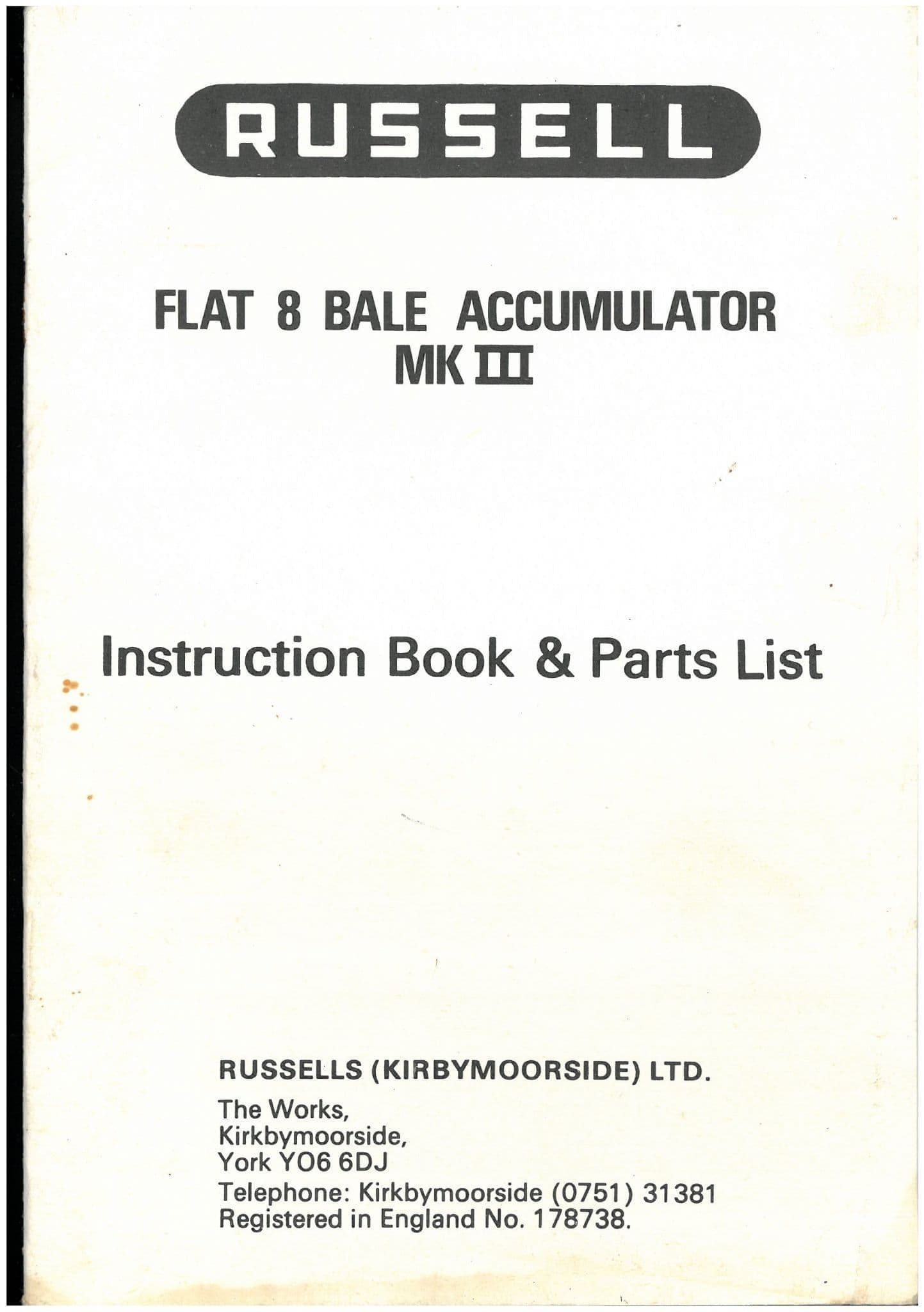 Russell Flat 8 Bale Accumulator MkIII Operators Manual with Parts List