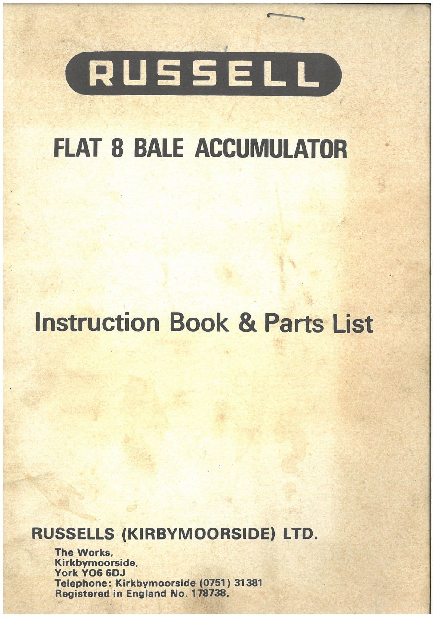 Russell Flat 8 Bale Accumulator Operators Manual with Parts List