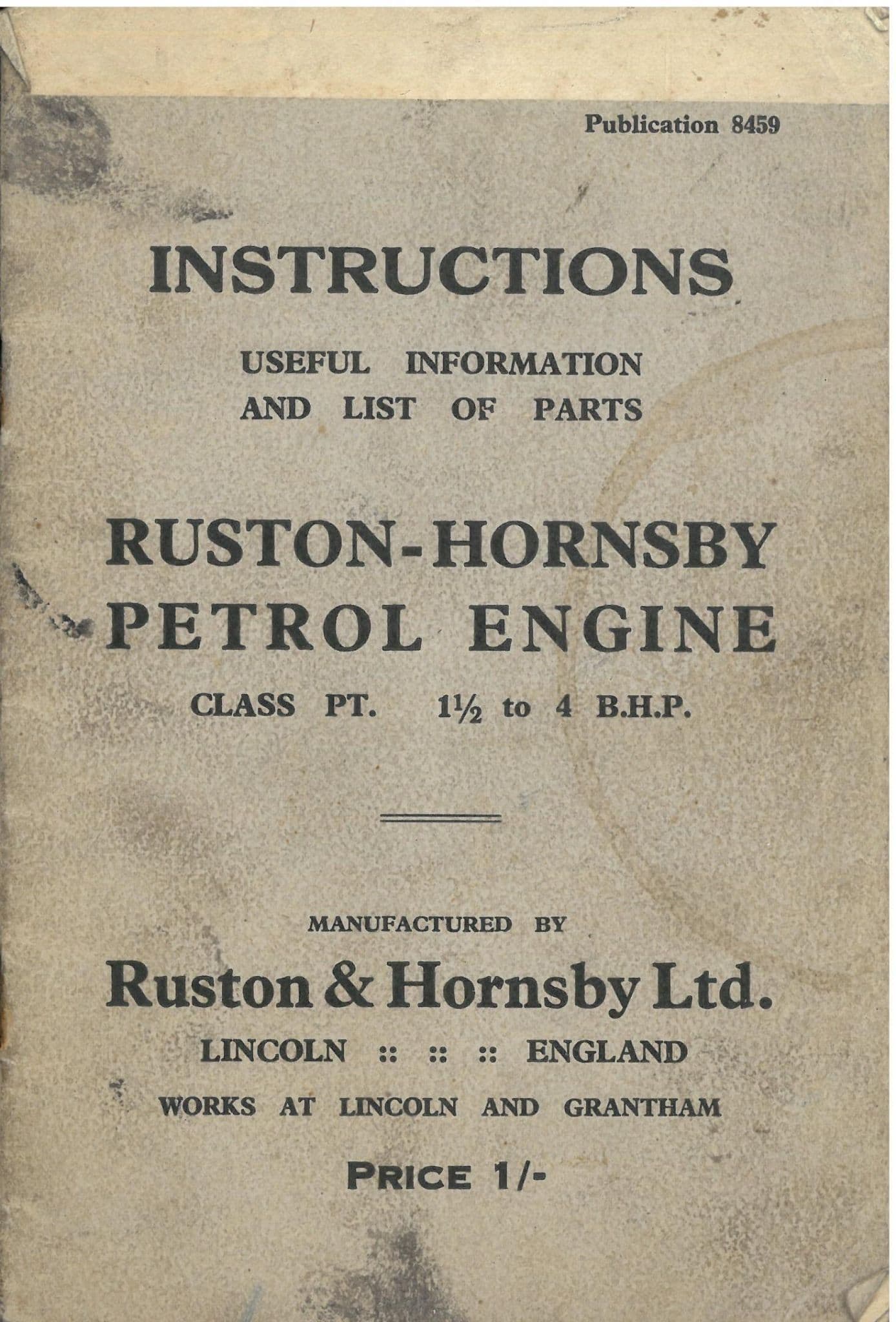 Ruston Hornsby Petrol Engine Class PT Operators Manual