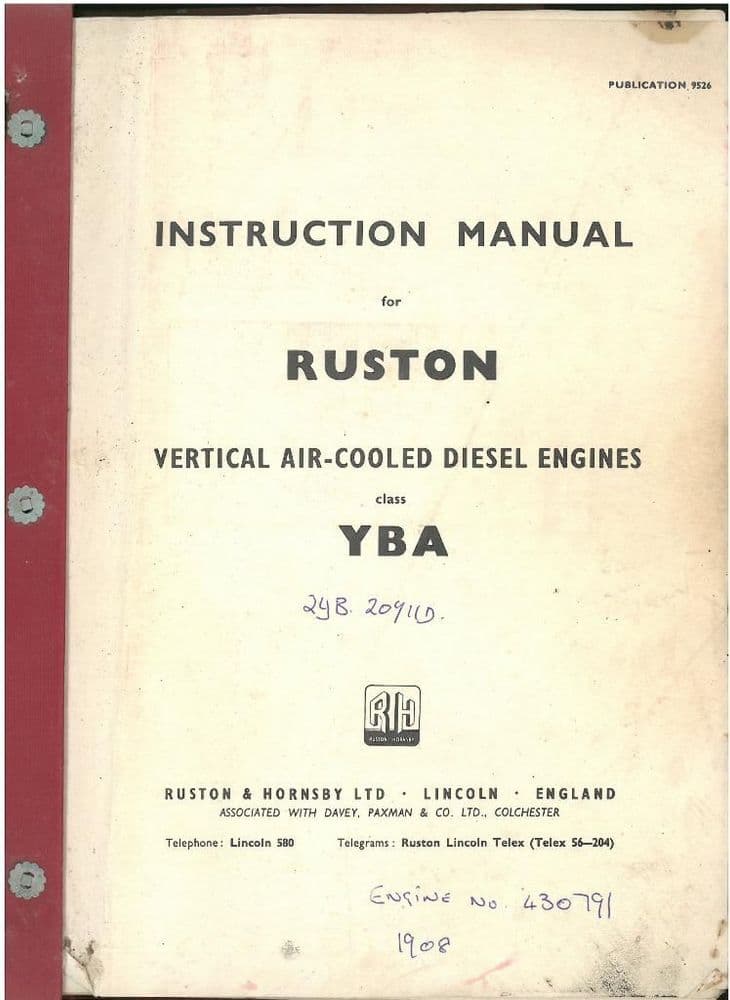 Ruston YBA Vertical Air-Cooled Diesel Engine Operators Manual