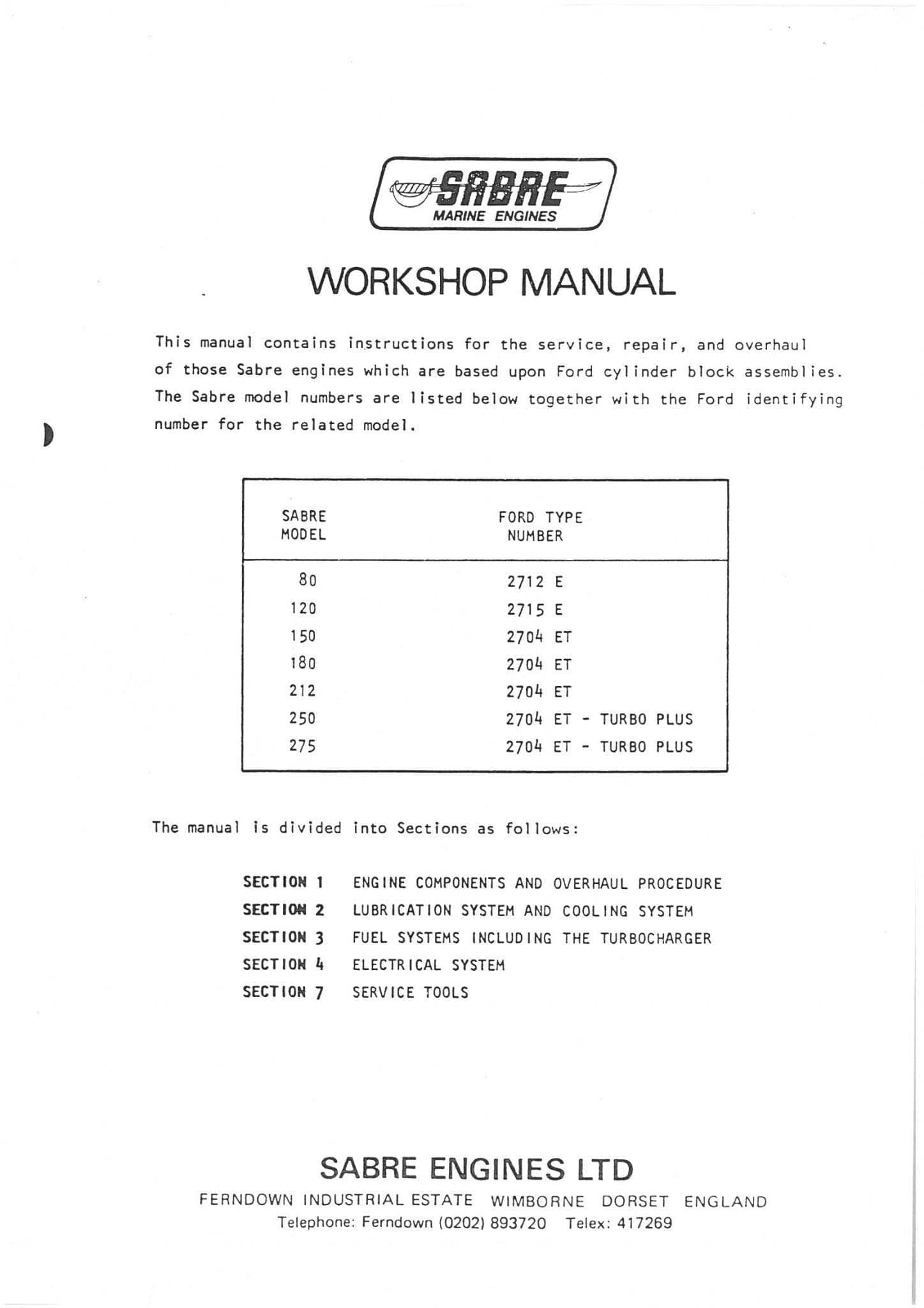 Sabre Marine Engine 80 120 150 180 212 250 275 Workshop Service Manual
