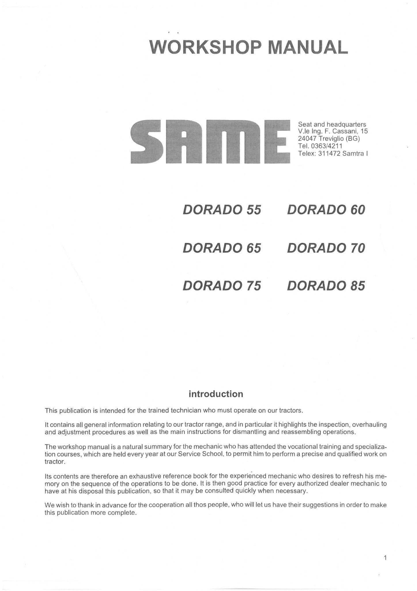 Same Tractor Dorado 55 60 65 70 75 85 Service Workshop Manual