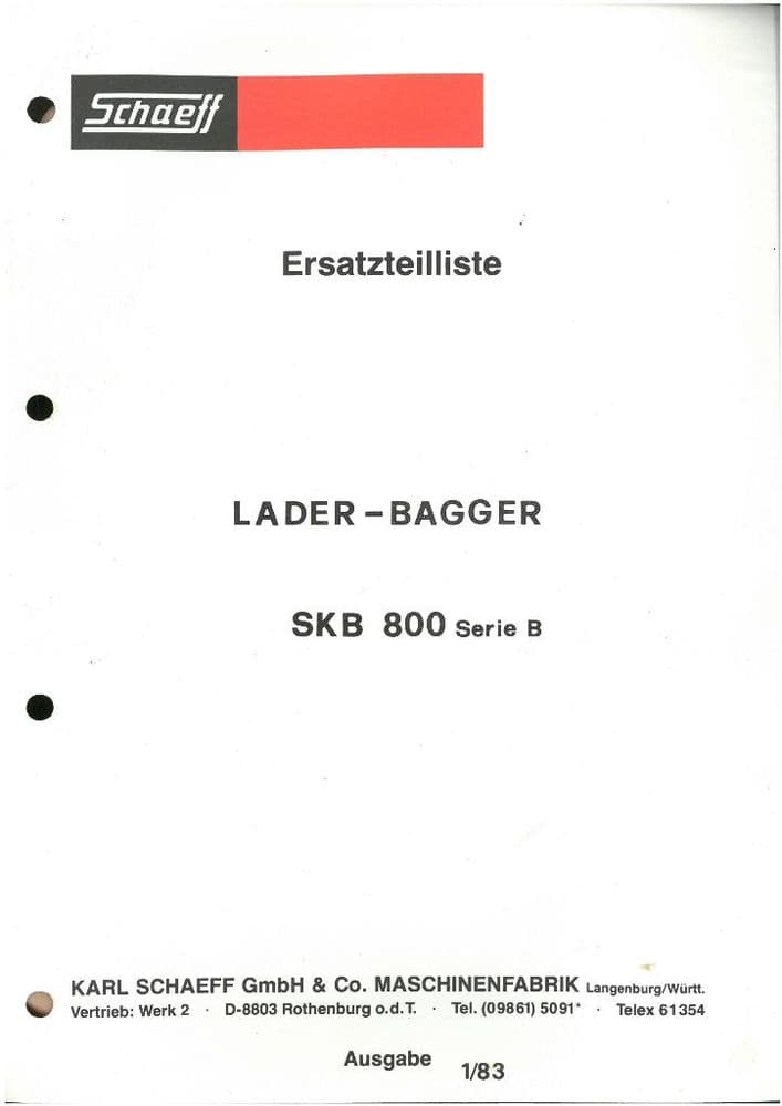 Schaeff Articulated Loader Excavator SKB 800 B Parts Manual ...