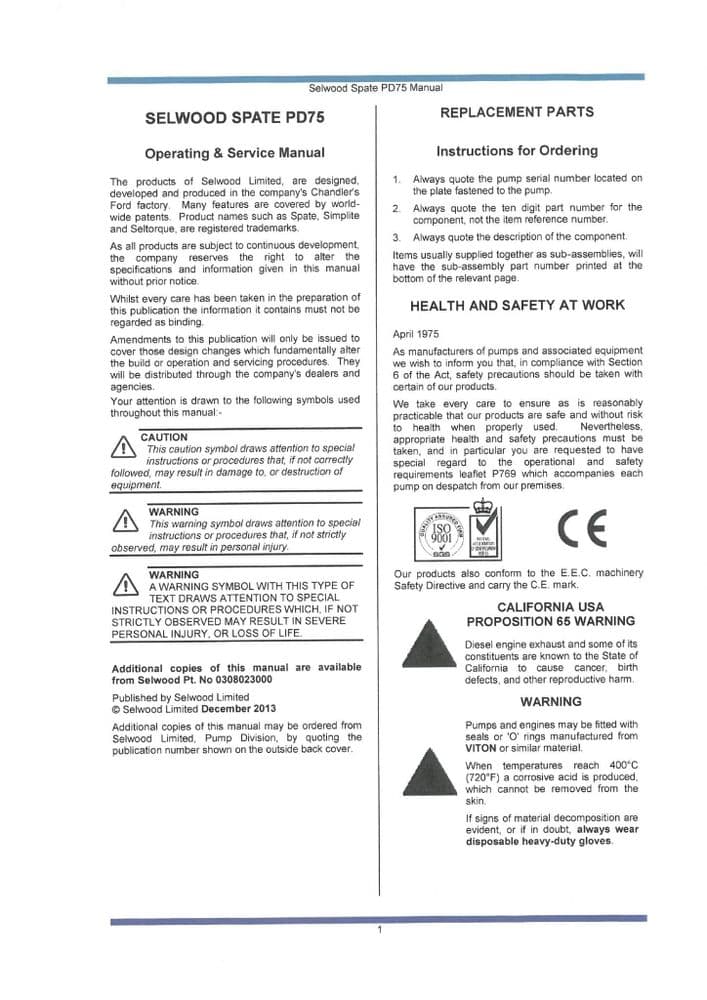 Selwood Pump PD75 Operators Manual
