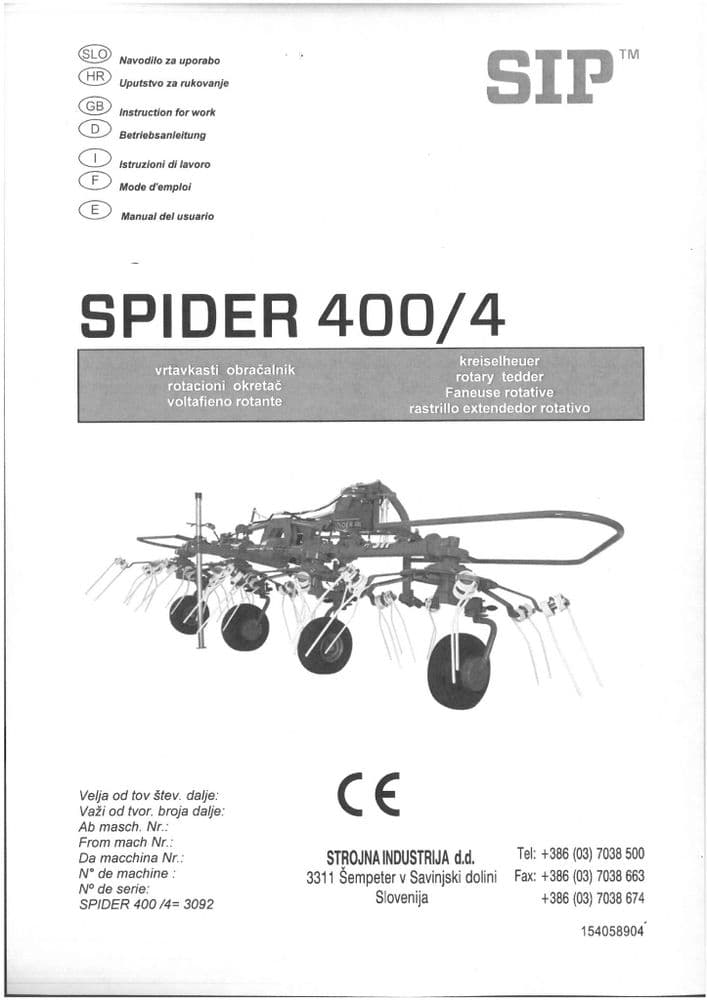 SIP Spider Rotary Tedder 400/4 Operators Manual