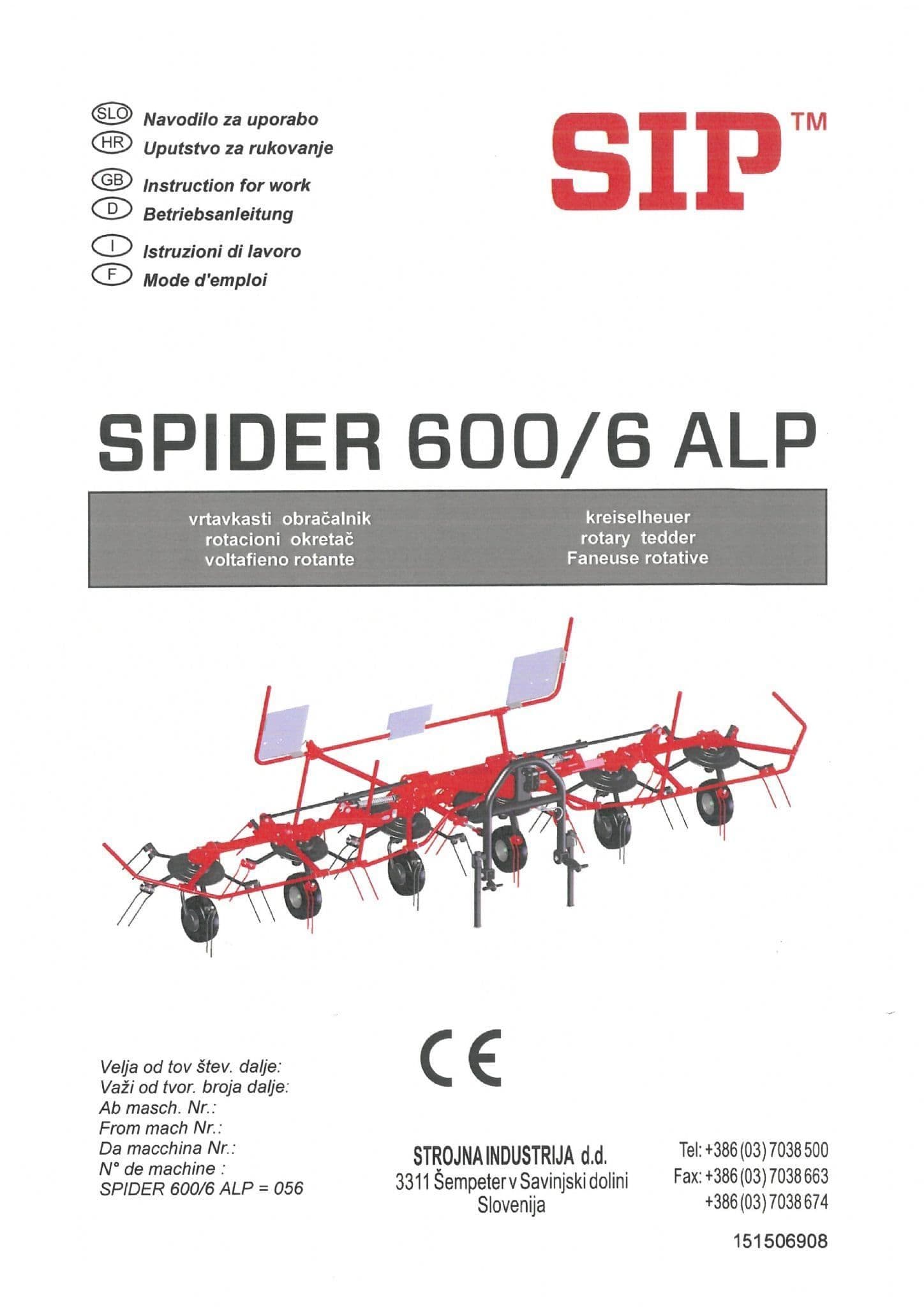 SIP Tedder Spider 600 6 Alp Operators Manual