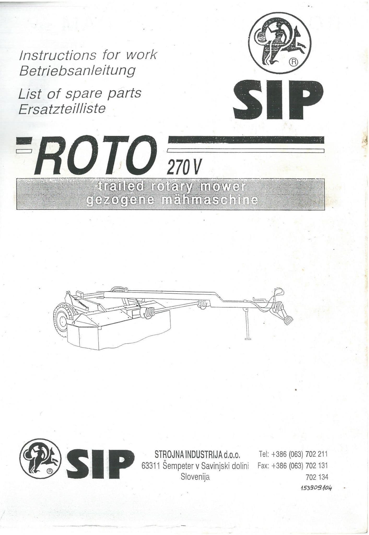 SIP Trailed Rotary Mower Roto 270V Operators Manual with Parts List - 270 V