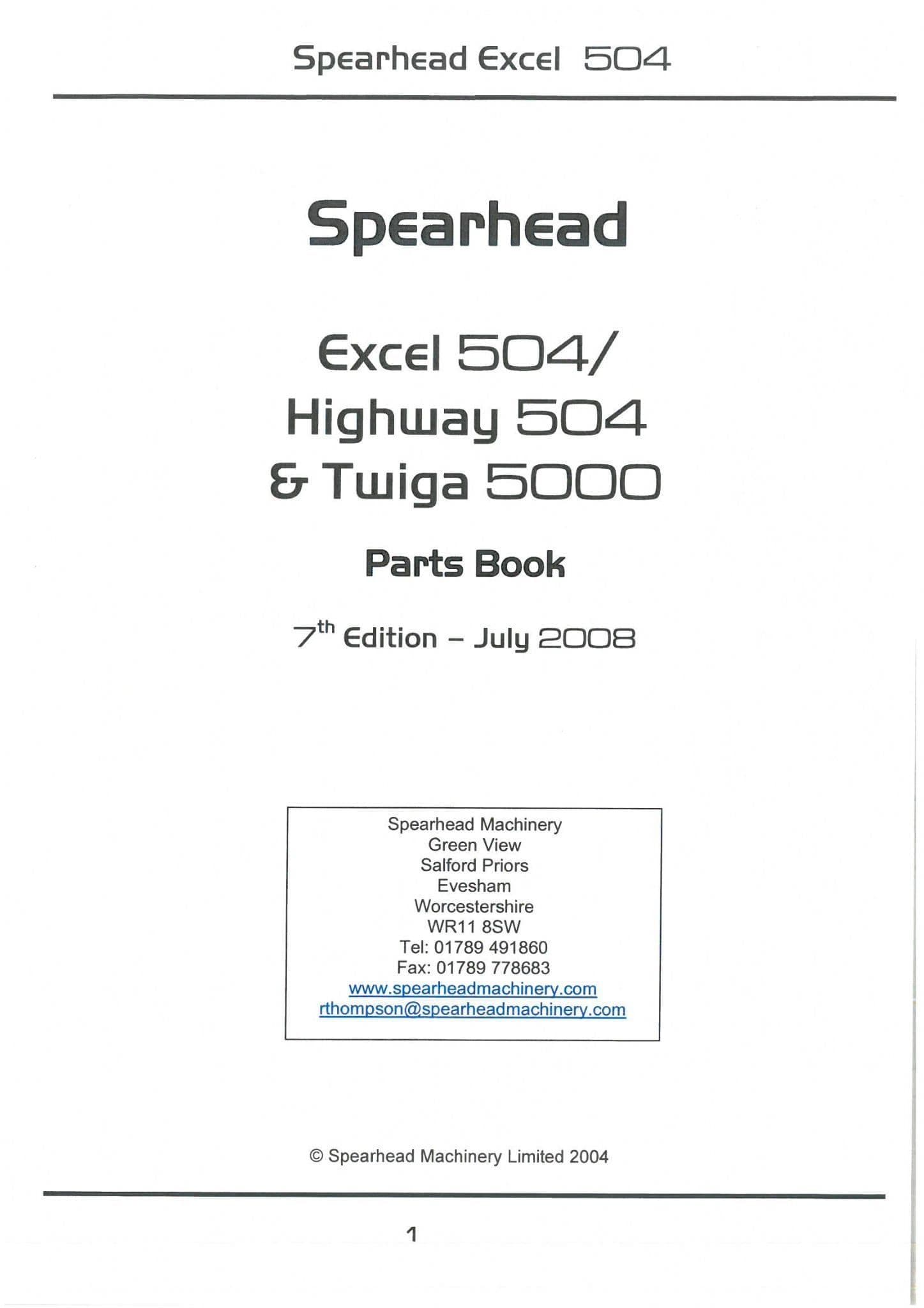 Spearhead Reach Mower Excel 504 Highway 8504 & Twiga 5000 Parts Manual