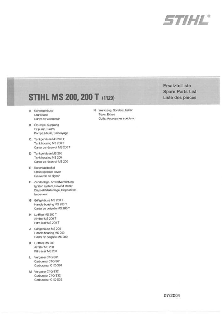Stihl Chainsaw MS200 & MS200T - 1129 Parts Manual