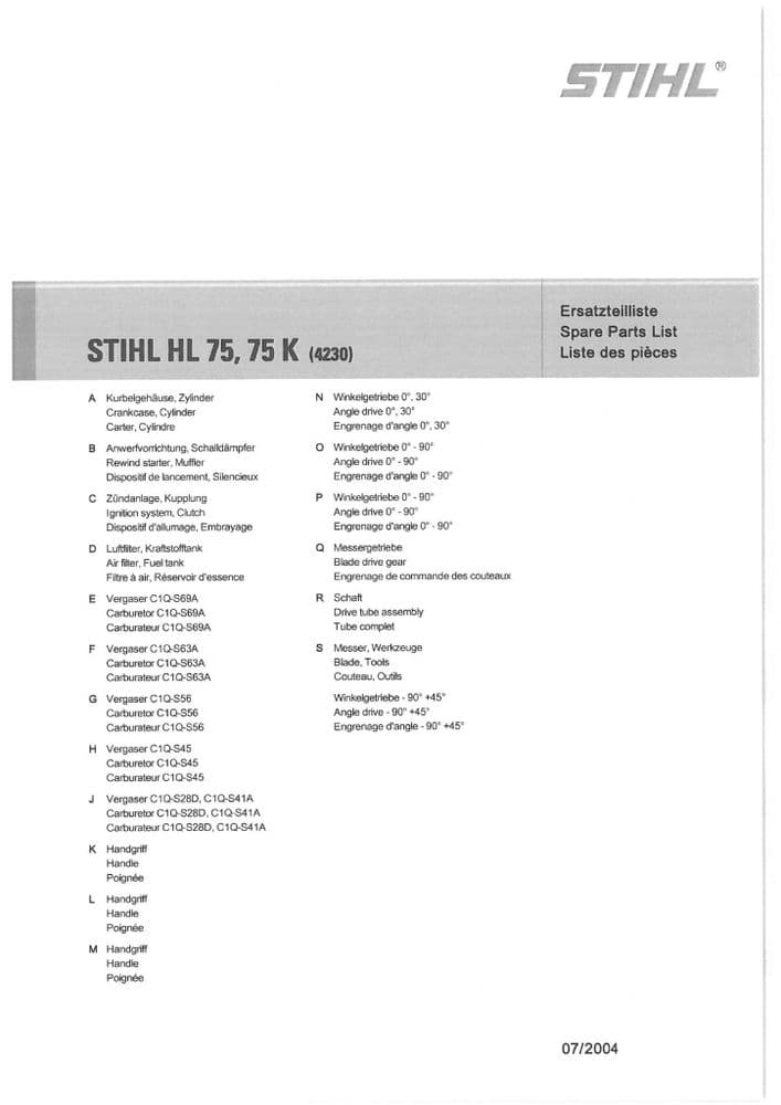 Stihl Hedge Trimmer HL75 & HL75K - 4230 Parts Manual