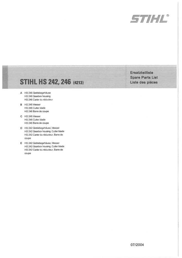 Stihl Hedge Trimmer HS242 & HS246 - 4213 Parts Manual