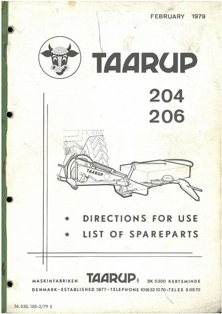Taarup Mower 204 206 Operators Manual with Parts List