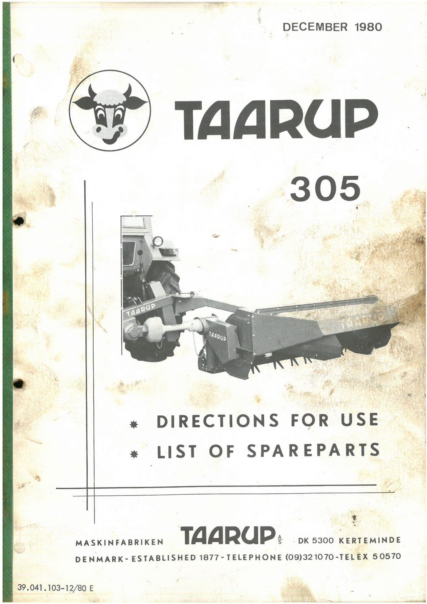 Taarup Mower 305 Operators Manual With Parts List