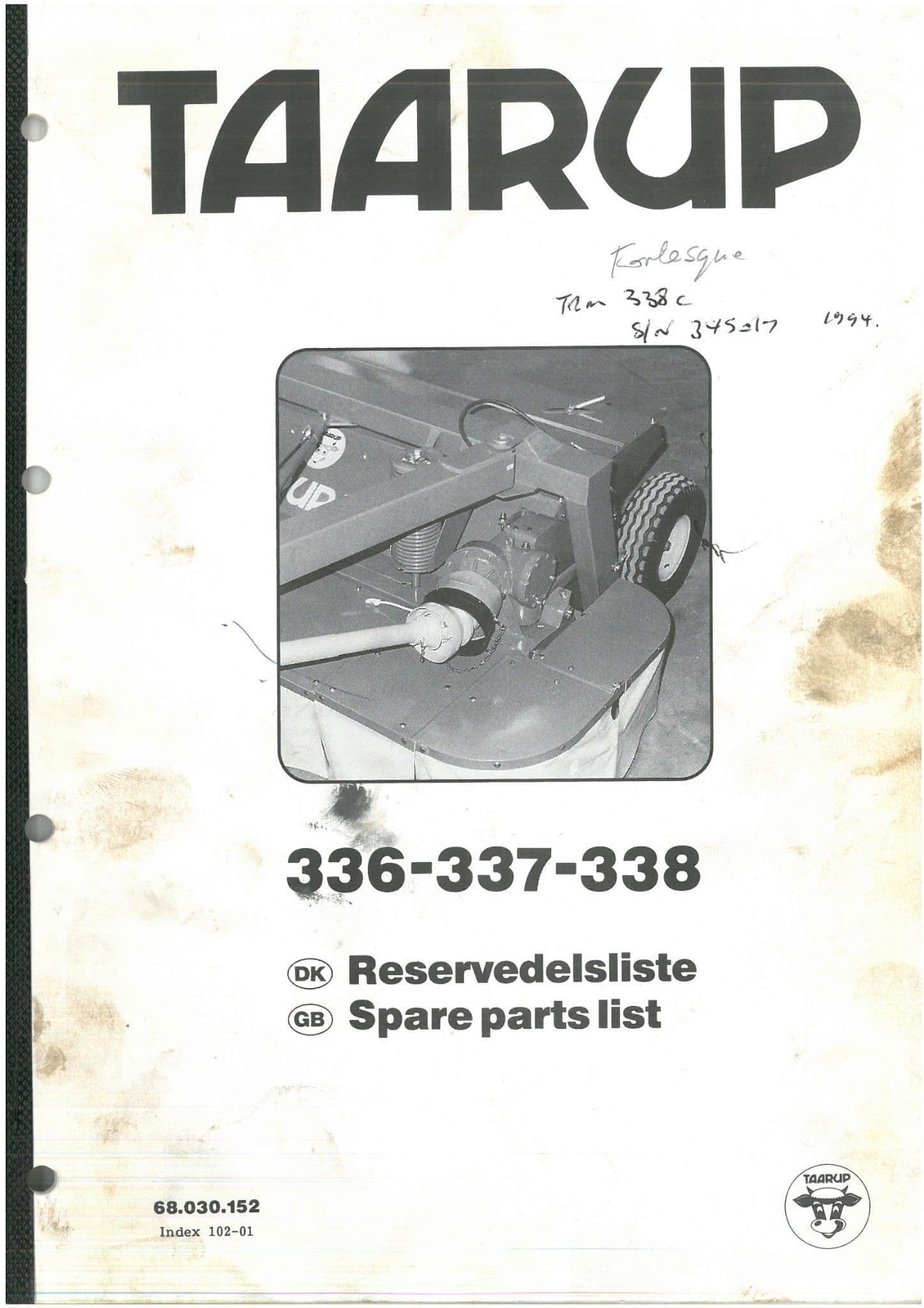 Taarup Mower 336 337 338 & Kverneland Mower TA 336 337 338 Same Machine Parts Manual