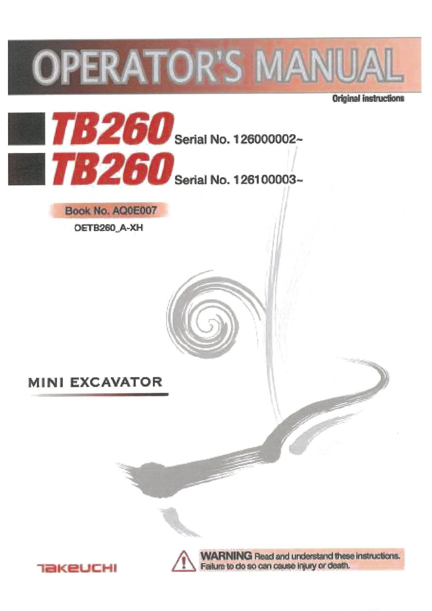 Takeuchi Hydraulic Excavator TB260 Operators Manual