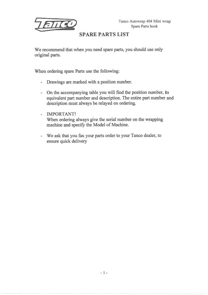 Tanco Autowrap Bale Wrapper 1100 Parts Manual