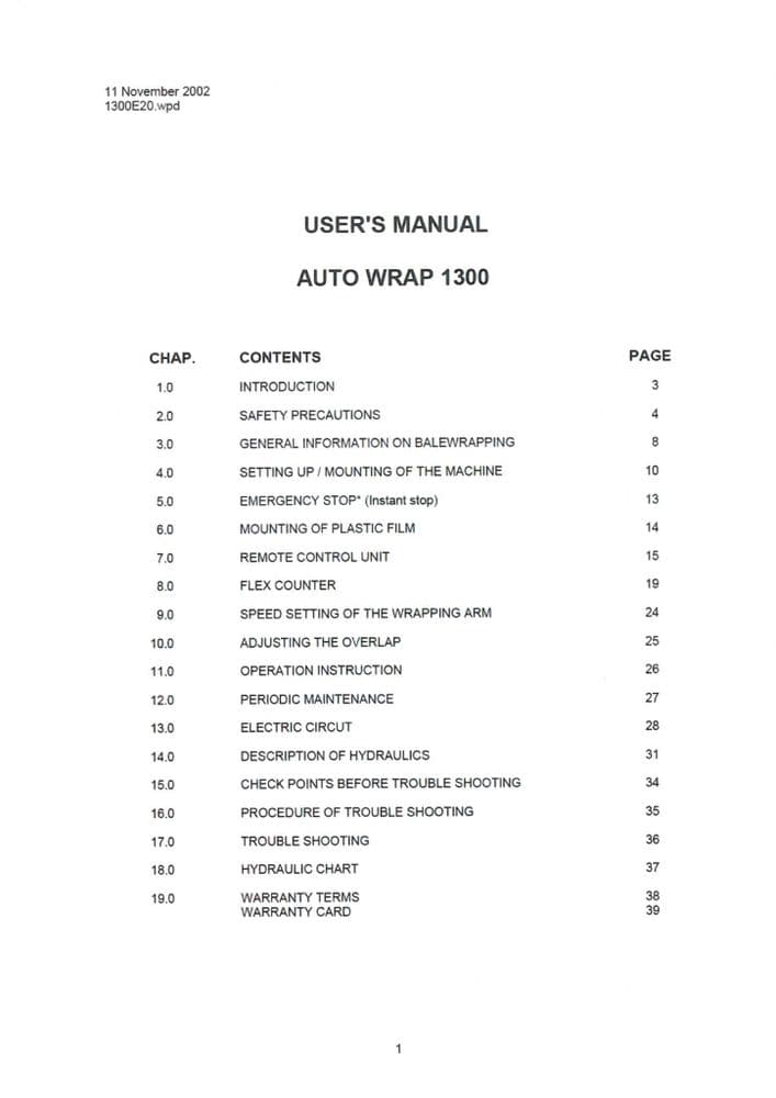 Tanco Autowrap Bale Wrapper 1300 Operators Manual