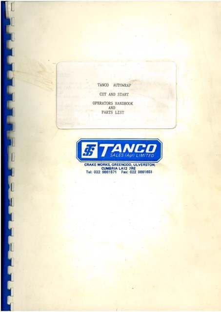 Tanco Bale Wrapper Autowrap Cut and Start Operators Manual with Parts List