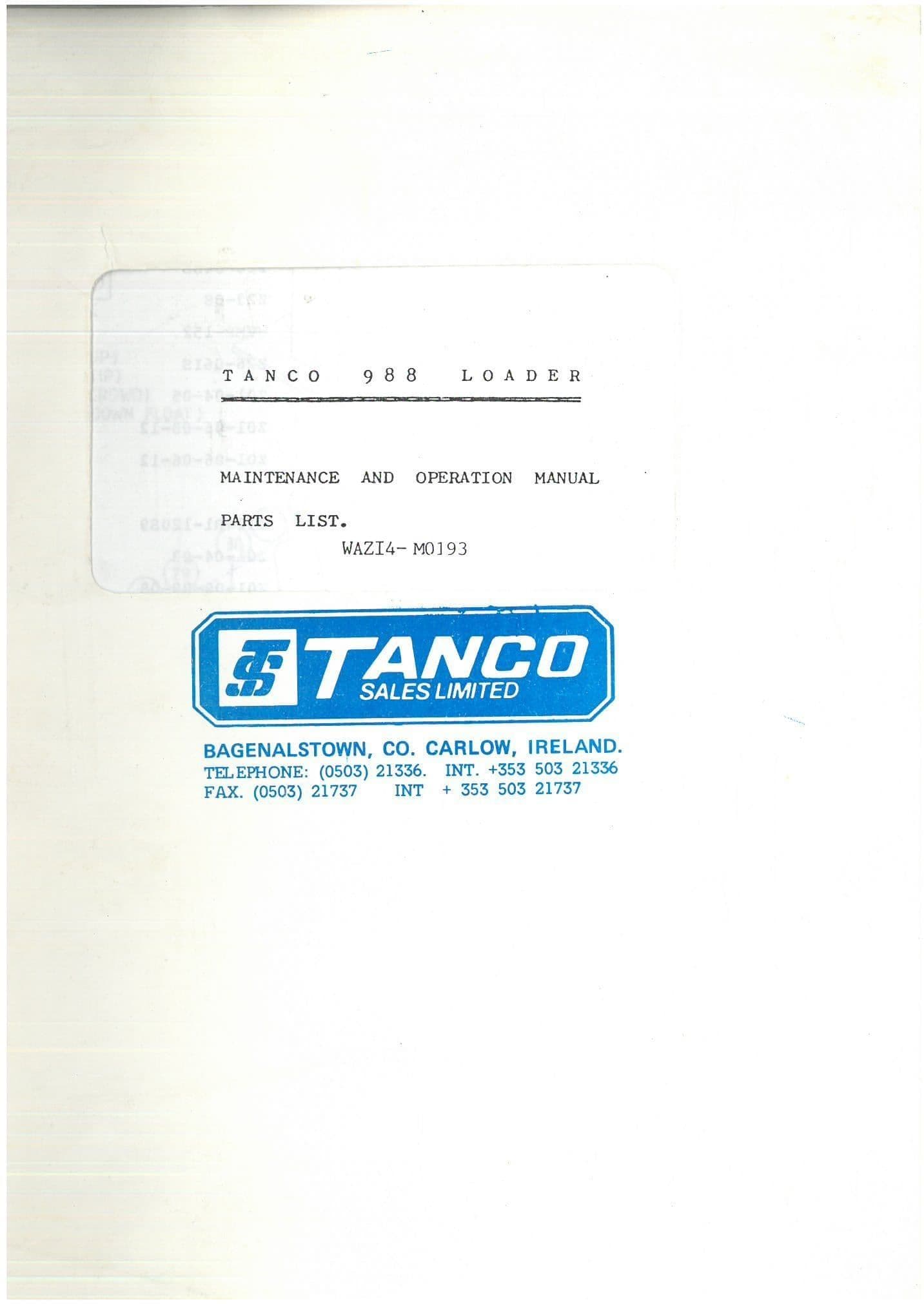 Tanco Loaders 988 Operators Manual with Parts List