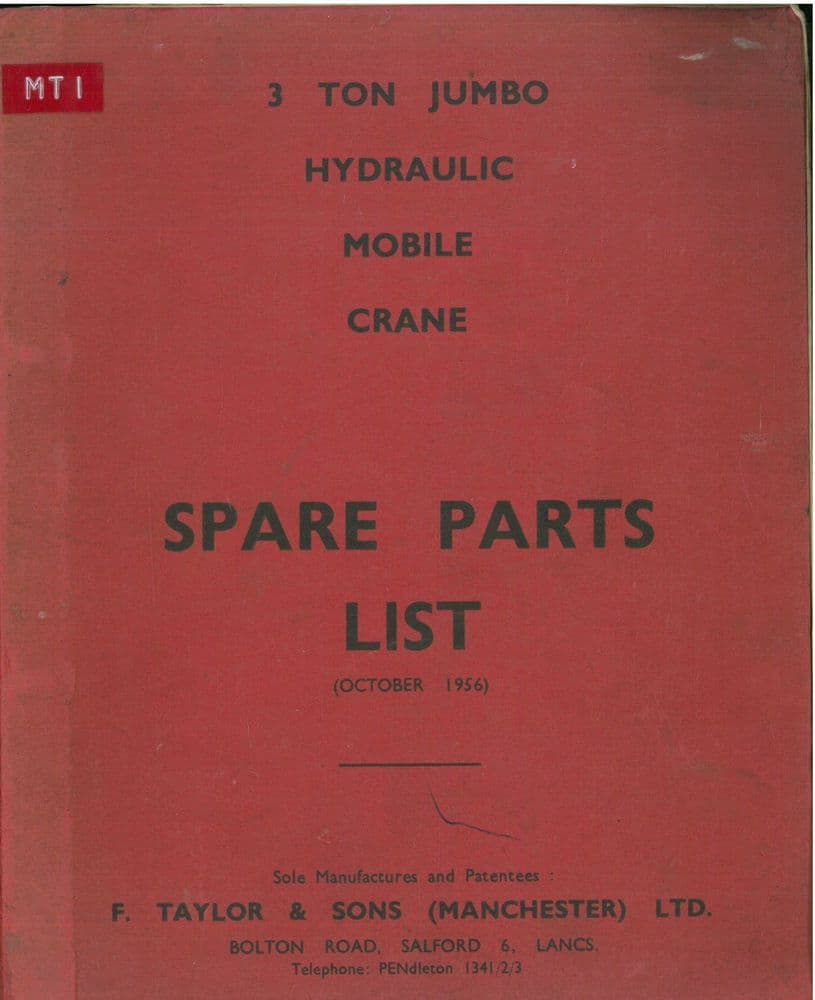 Taylor & Sons Hydraulic Mobile Crane 3 Ton Jumbo Parts Manual