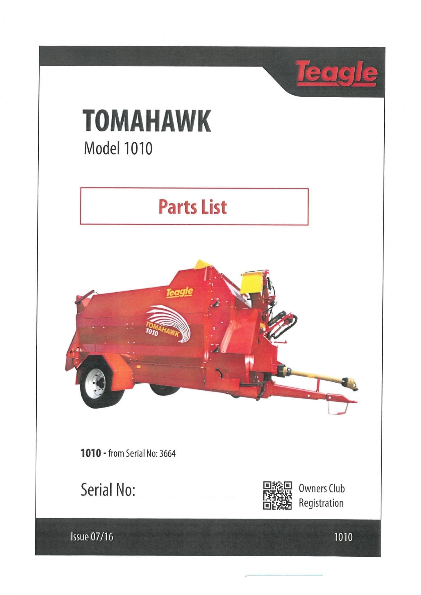 Teagle Bale Processor Tomahawk Model 1010 Parts Manual