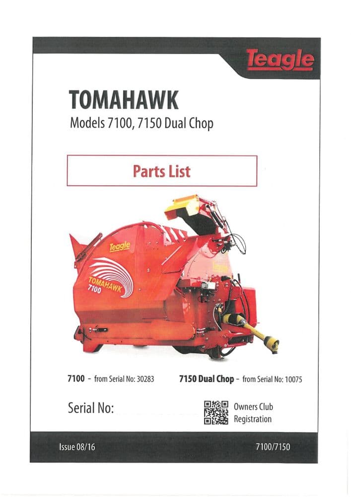 Teagle Straw Shredder Tomahawk Model 7100 & 7150 Dual Chop Parts Manual