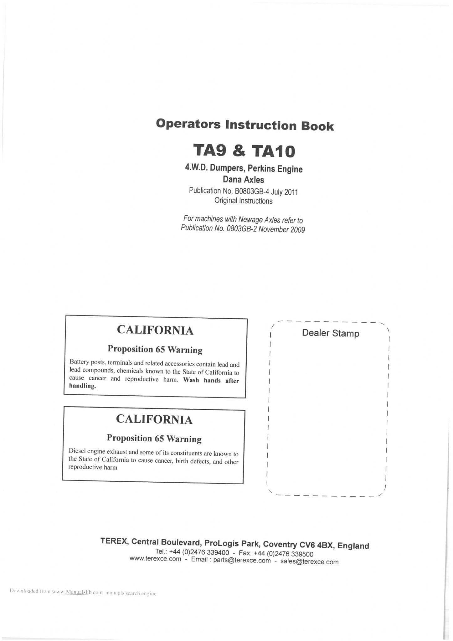 Terex Mini SkidSteer TA9 TA10 Operators Manual