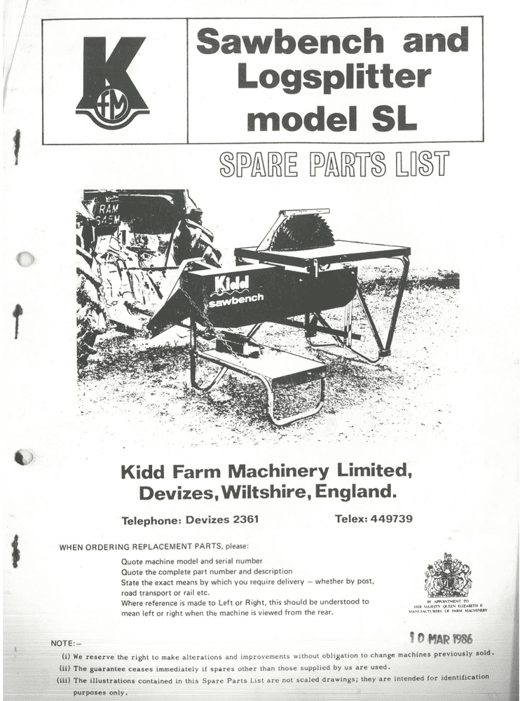 The Kidd Sawbench and Log Splitter SL Parts List