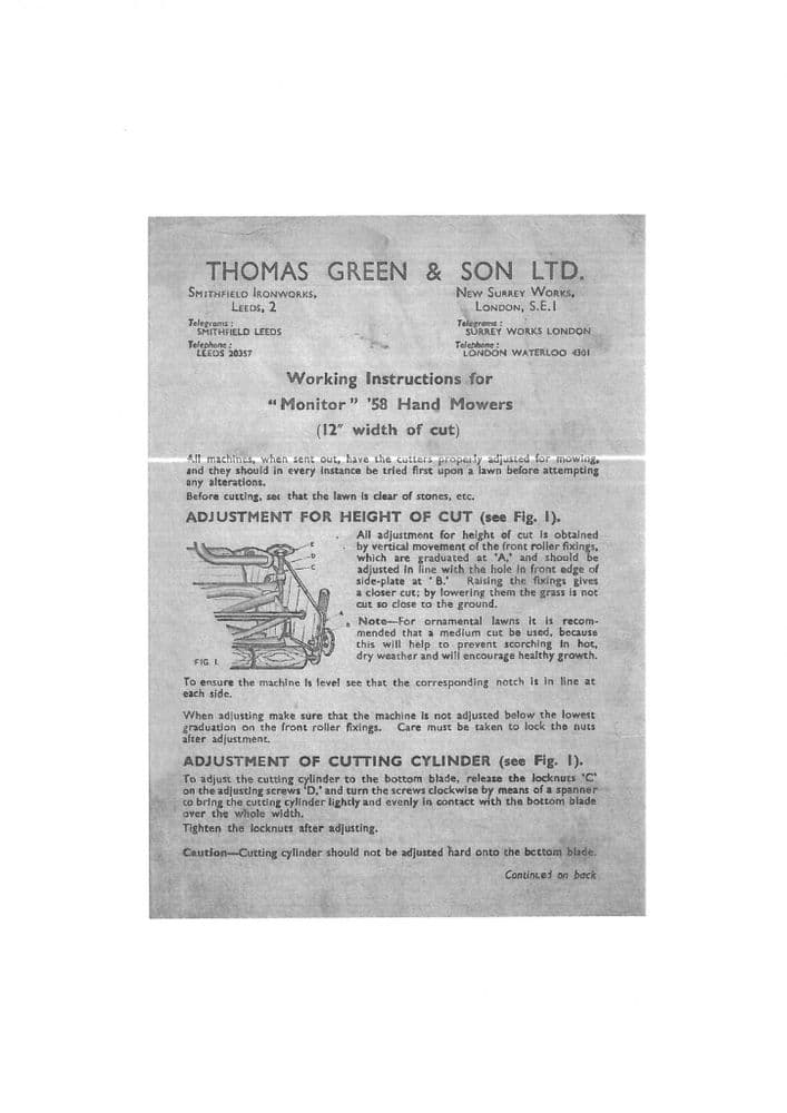 Thomas Green & Son Ltd Hand Mower Monitor 58 - 12 Inch Operators Manual