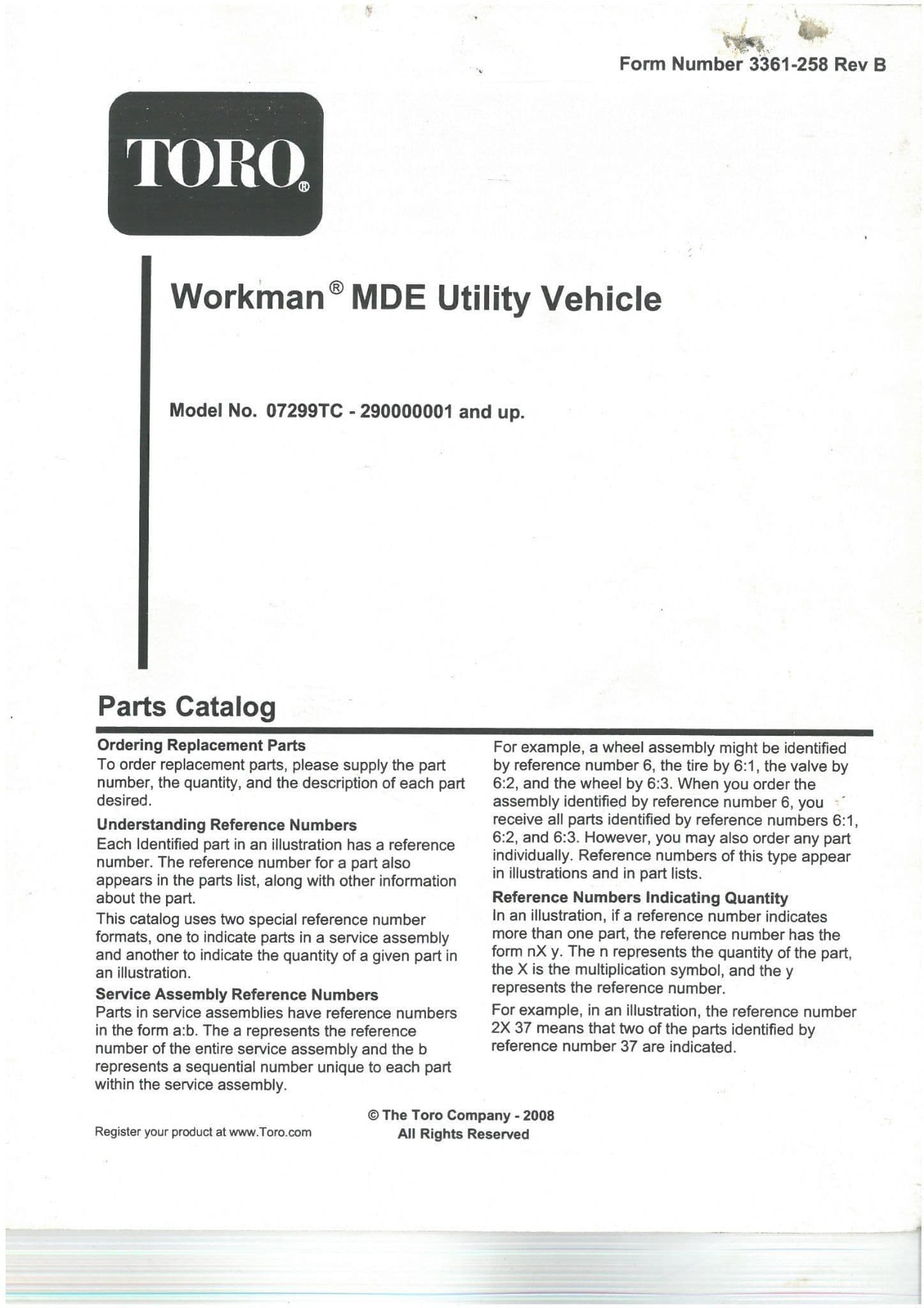 Toro Workman MDE Utility Vehicle Parts Manual
