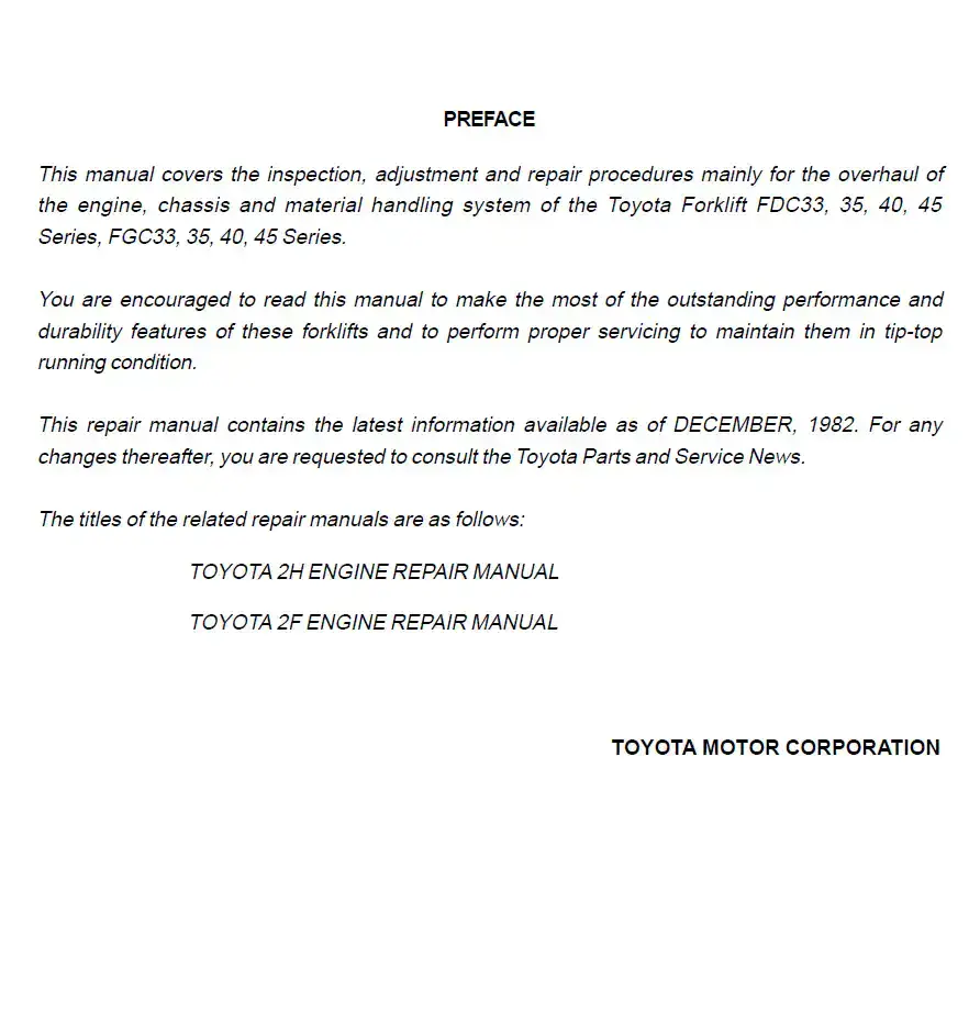 Toyota Forklift FDC 33 35 40 45 FGC 33 35 40 45 Workshop Manual