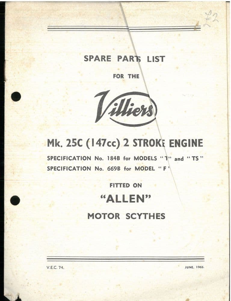 Villiers Mk 25C Two Stroke Engine - Models T TS F Parts Manual - Fitted ...