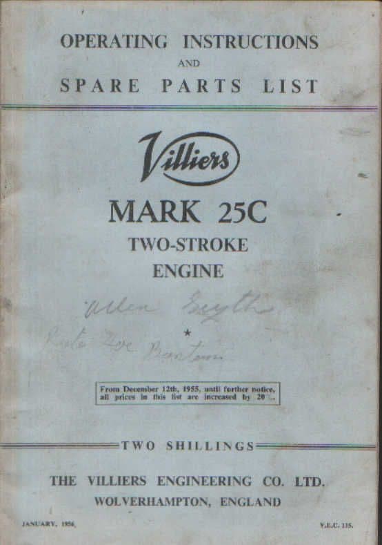 Villiers Mk 25C Two Stroke Engine Operators Manual with Parts List - In ...