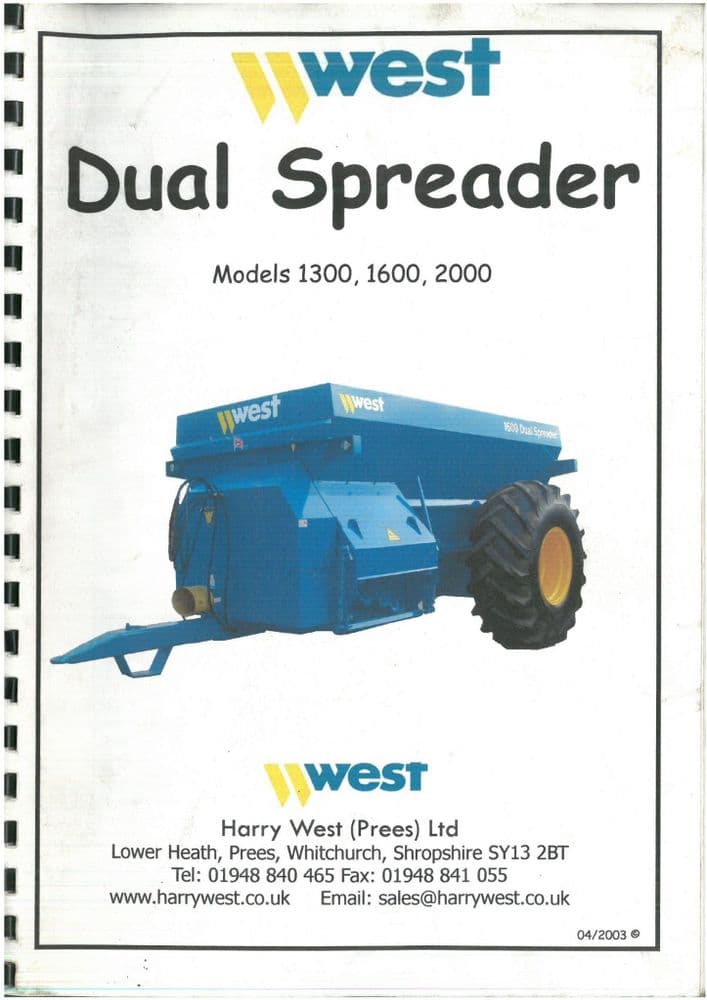 West Dual Manure Muck Spreader - Models 1300 1600 2000 Operators Manual ...