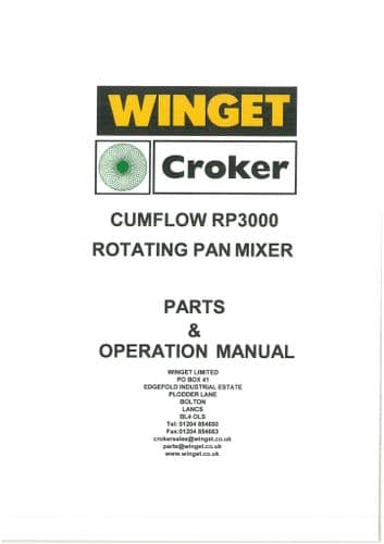 Winget Crocker Rotating Pan Mixer Cumflow RP3000 Operators Manual and ...