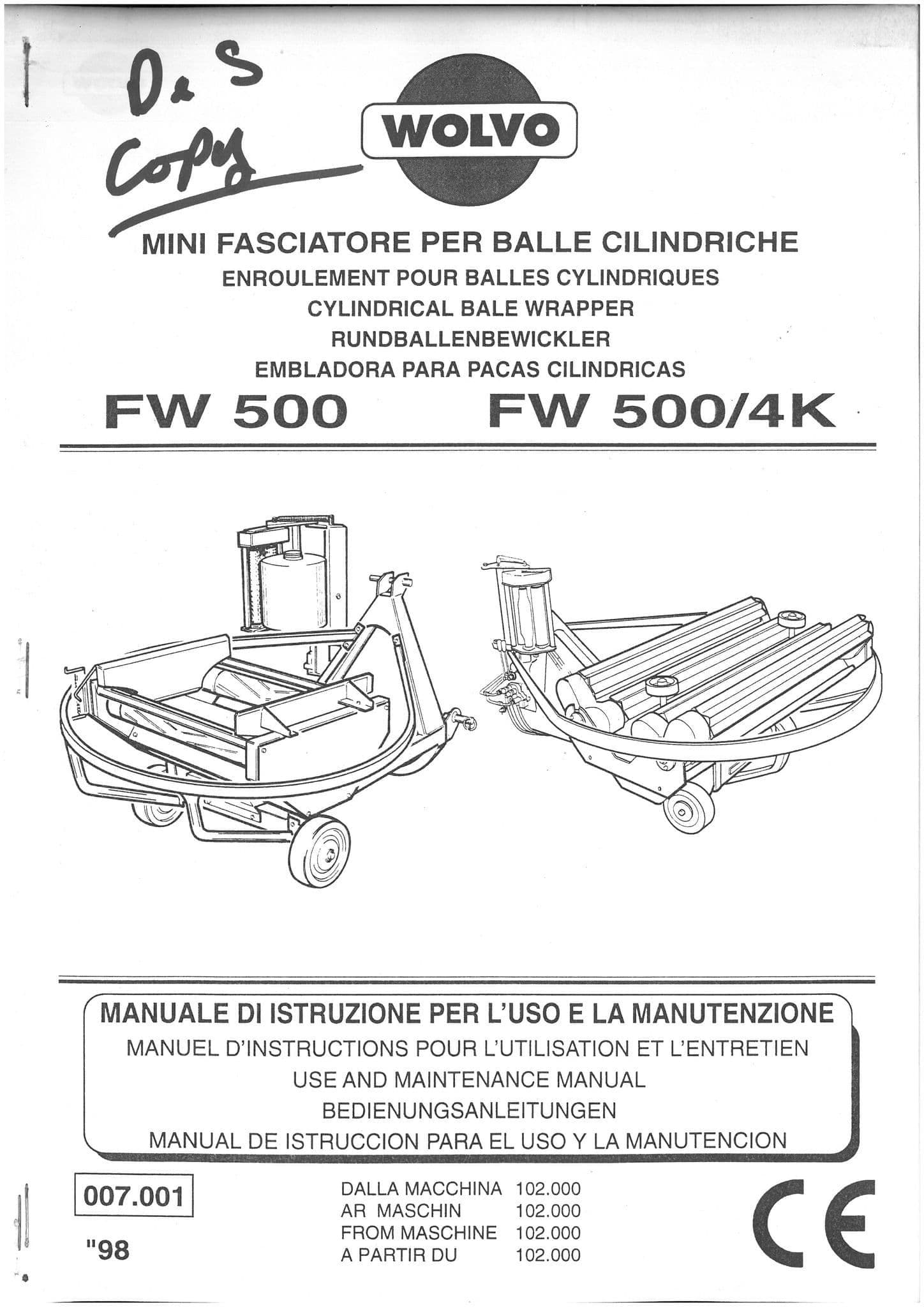 Wolvo FW500 FW 500/4K Cylindrical Bale Wrapper Operators Manual