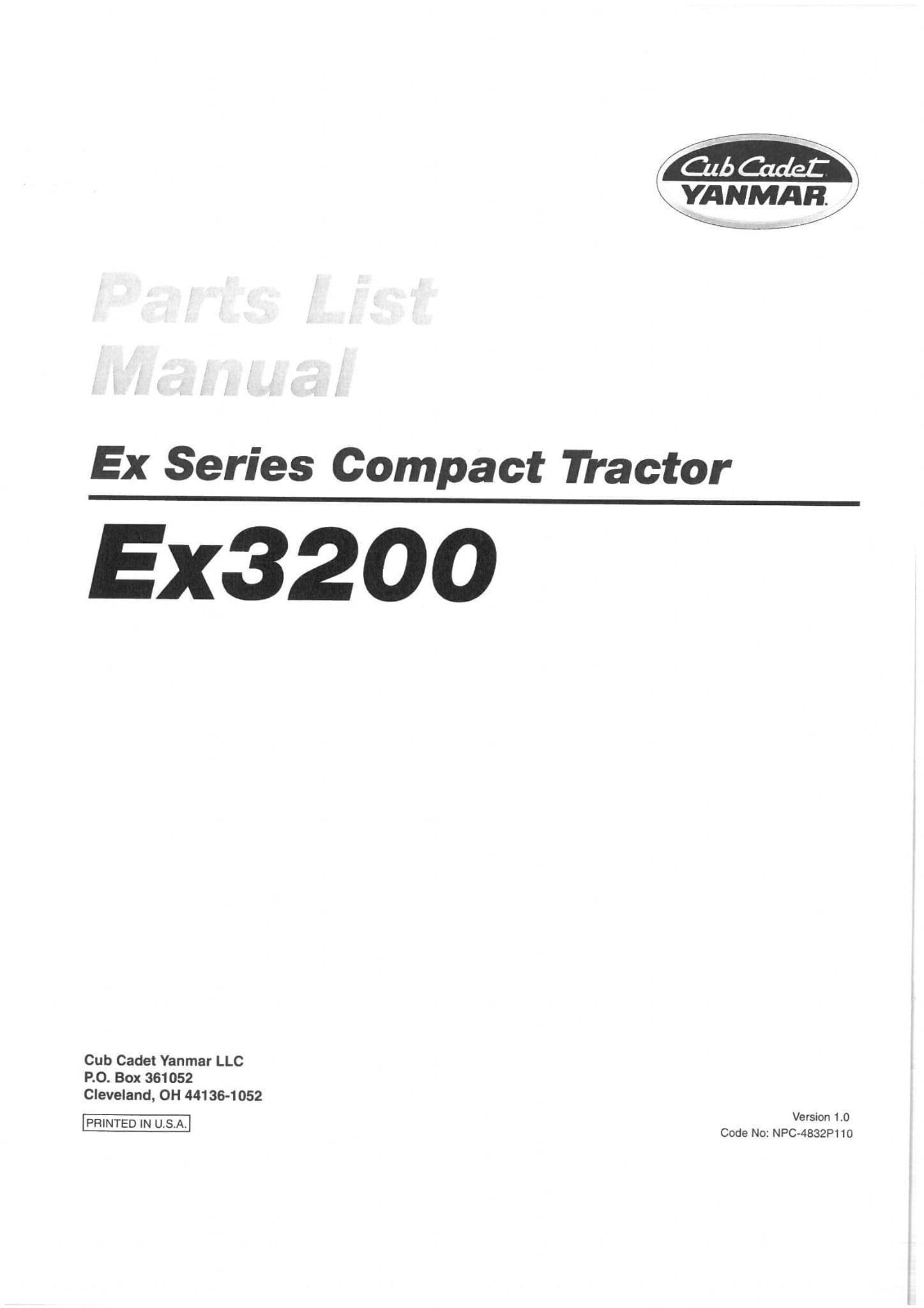 Yanmar Cub Cadet Compact Tractor Ex3200 Parts Manual
