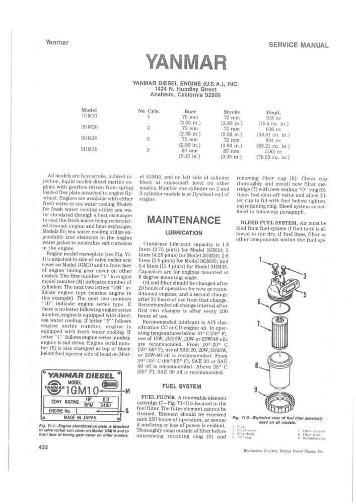 Yanmar Small Diesel Engine Model 1GM10 2GM20 3GM30 3HM35 I&T Workshop ...