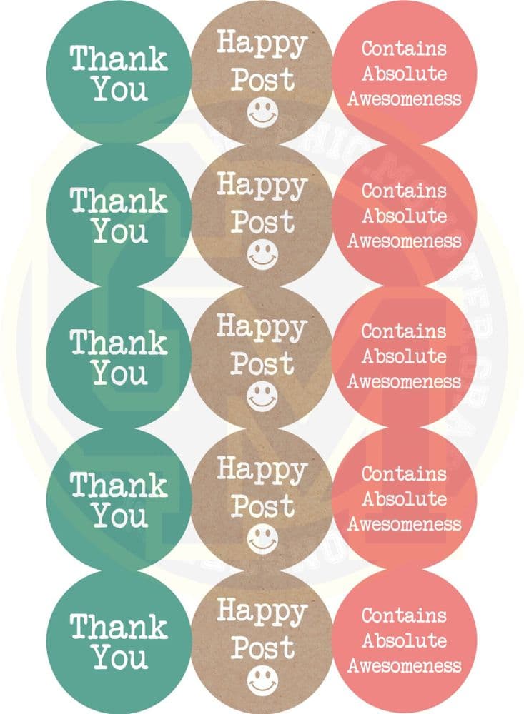 Thank You Happy Post Stickers - Classic Pastel Colours 50mm Round Paper