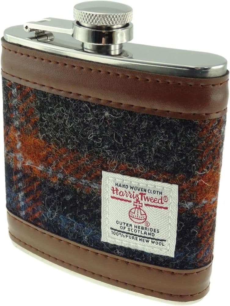 Harris Tweed 6oz Hip Flask Gift Boxed - Grey-Rust Check
