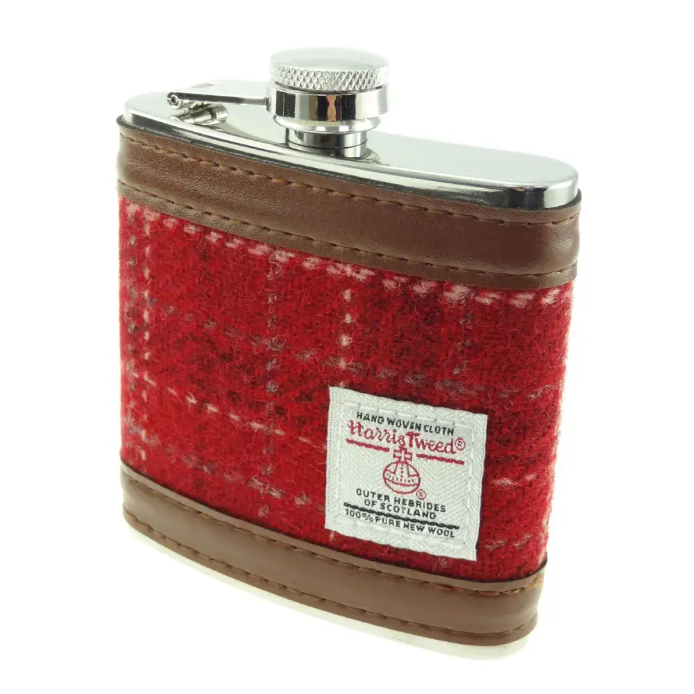 Harris Tweed 6oz Hip Flask Gift Boxed - Red Check