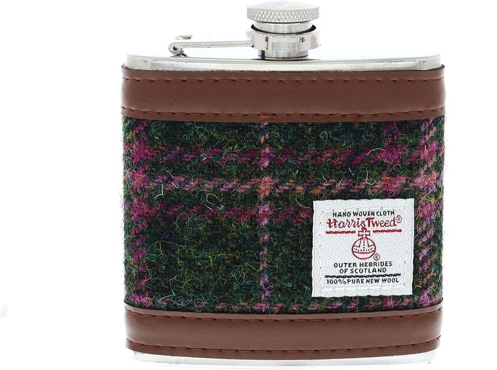 Harris Tweed 6oz Hip Flask Set Gift Boxed - Dark Green-Plum Check