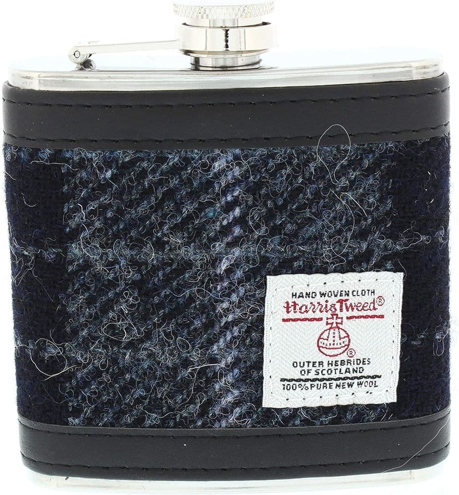 Harris Tweed 6oz Hip Flask Set Gift Boxed - Grey-Black Tartan