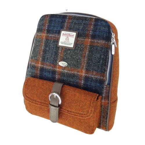 Harris Tweed Authentic Luxury Naver Backpack in Grey with Rust Overcheck