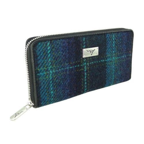 Harris Tweed Blue-Turquoise Check Long Zip Purse